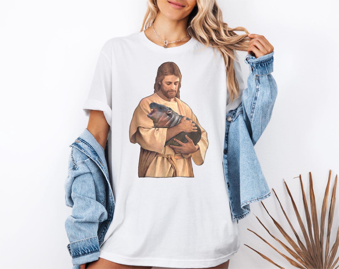 Moo Deng With Jesus Shirt, Funny Meme Shirt, Cute Baby Hippo Shirt, Moo ...