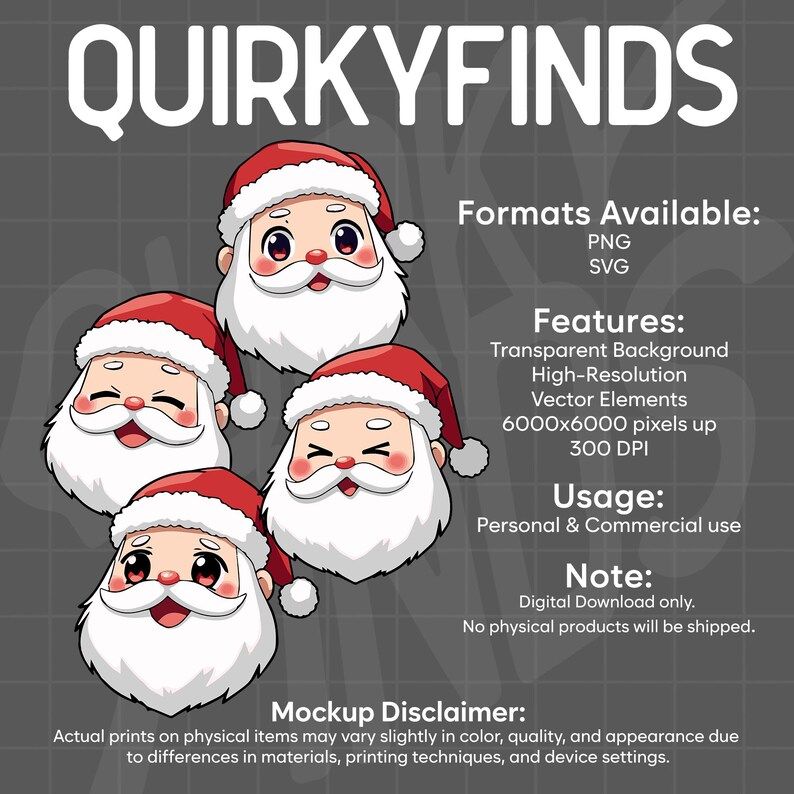 Santa Head, Santa Face Clipart, Cute Santa PNG Bundle, Christmas Emoji ...