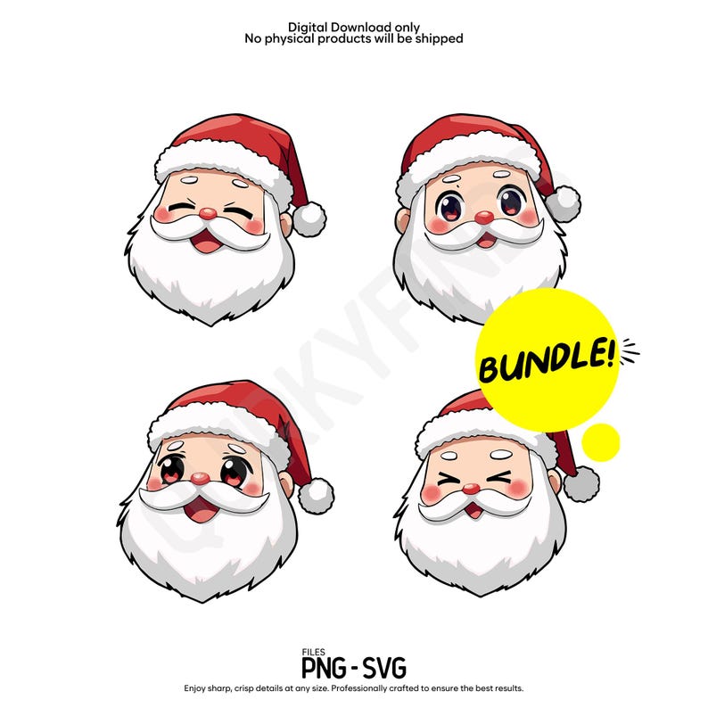 Santa Head, Santa Face Clipart, Cute Santa PNG Bundle, Christmas Emoji ...