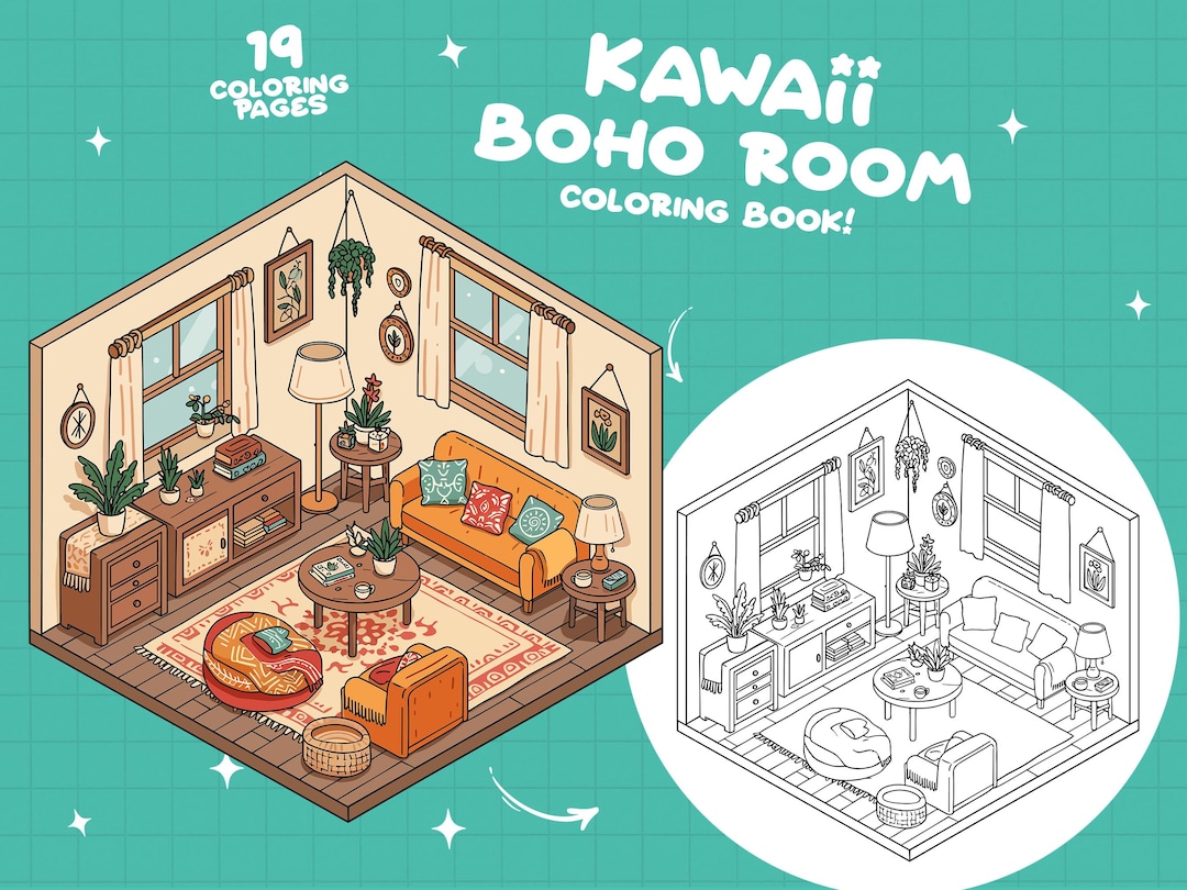 Boho Coloring Book Pocket Room Coloring Bohemian Interior Coloring ...