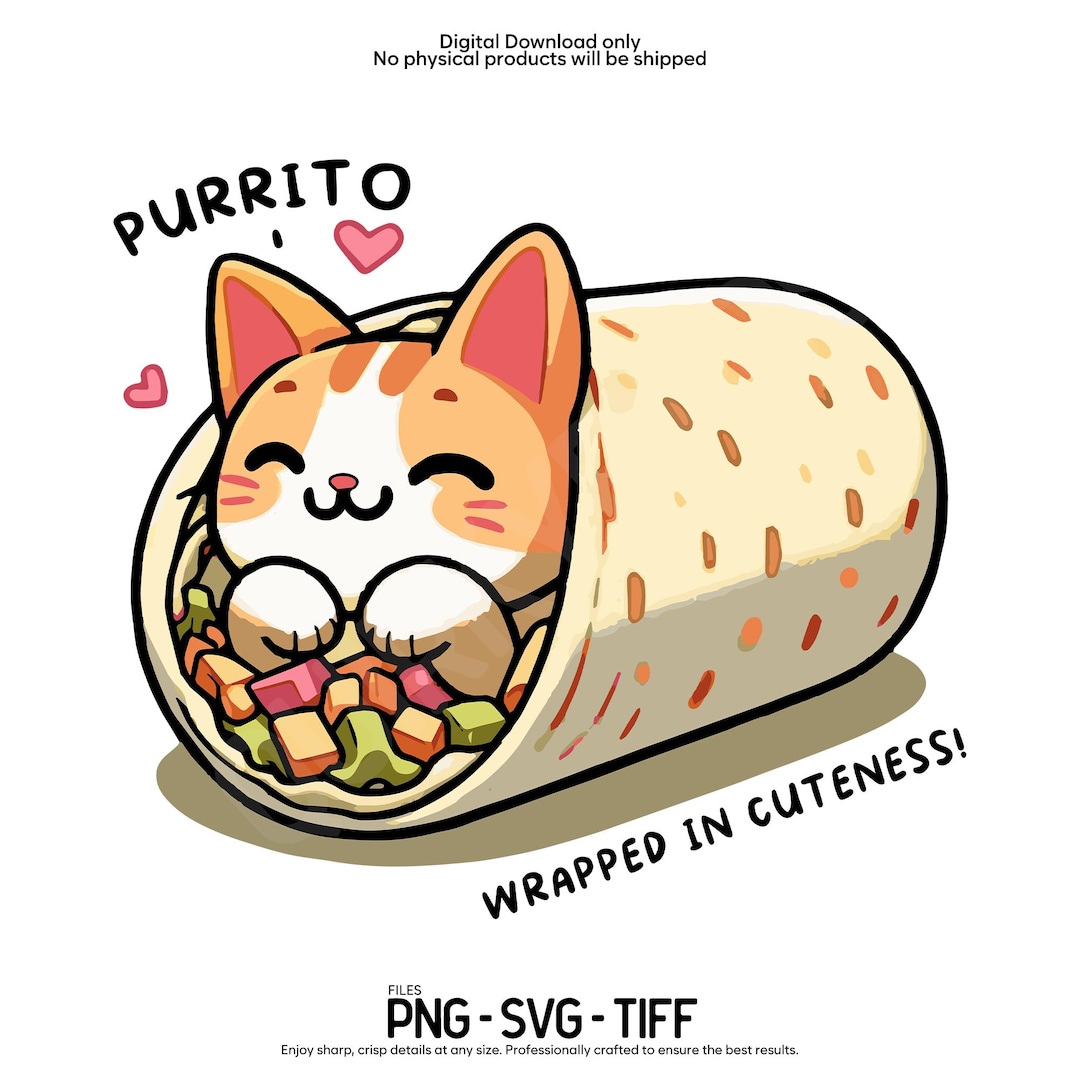 Purrito Wrap Cat Burrito Kawaii Cat Stickers PNG Food Cat Lover Gift ...
