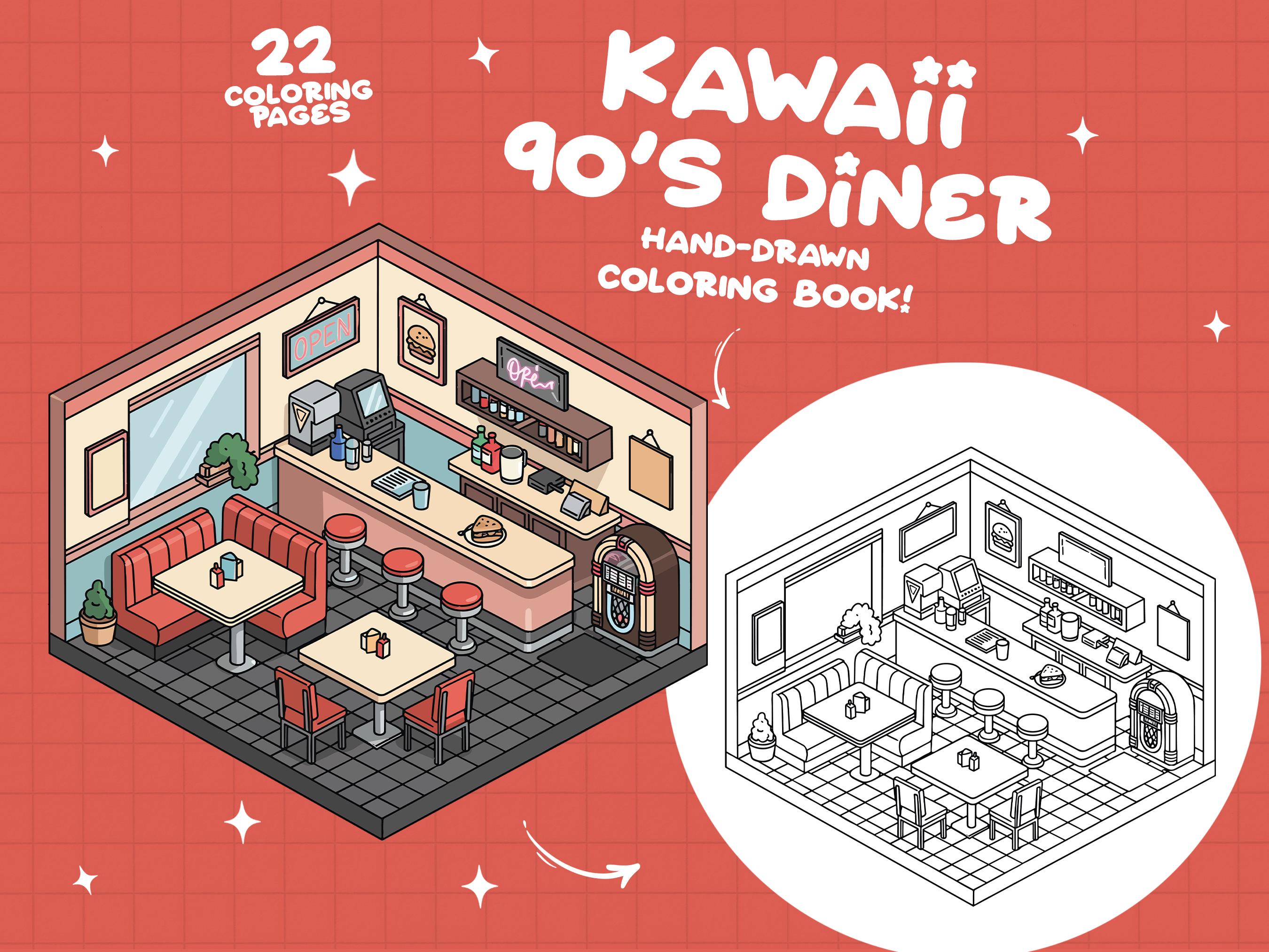 Diner Coloring Retro Coloring Book 90s Coloring 80s Nostalgia Coloring ...