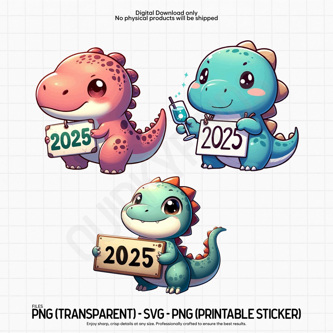 Baby Dinosaur New Year 2025 PNG Bundle Cute New Year Kids Shirt Design ...