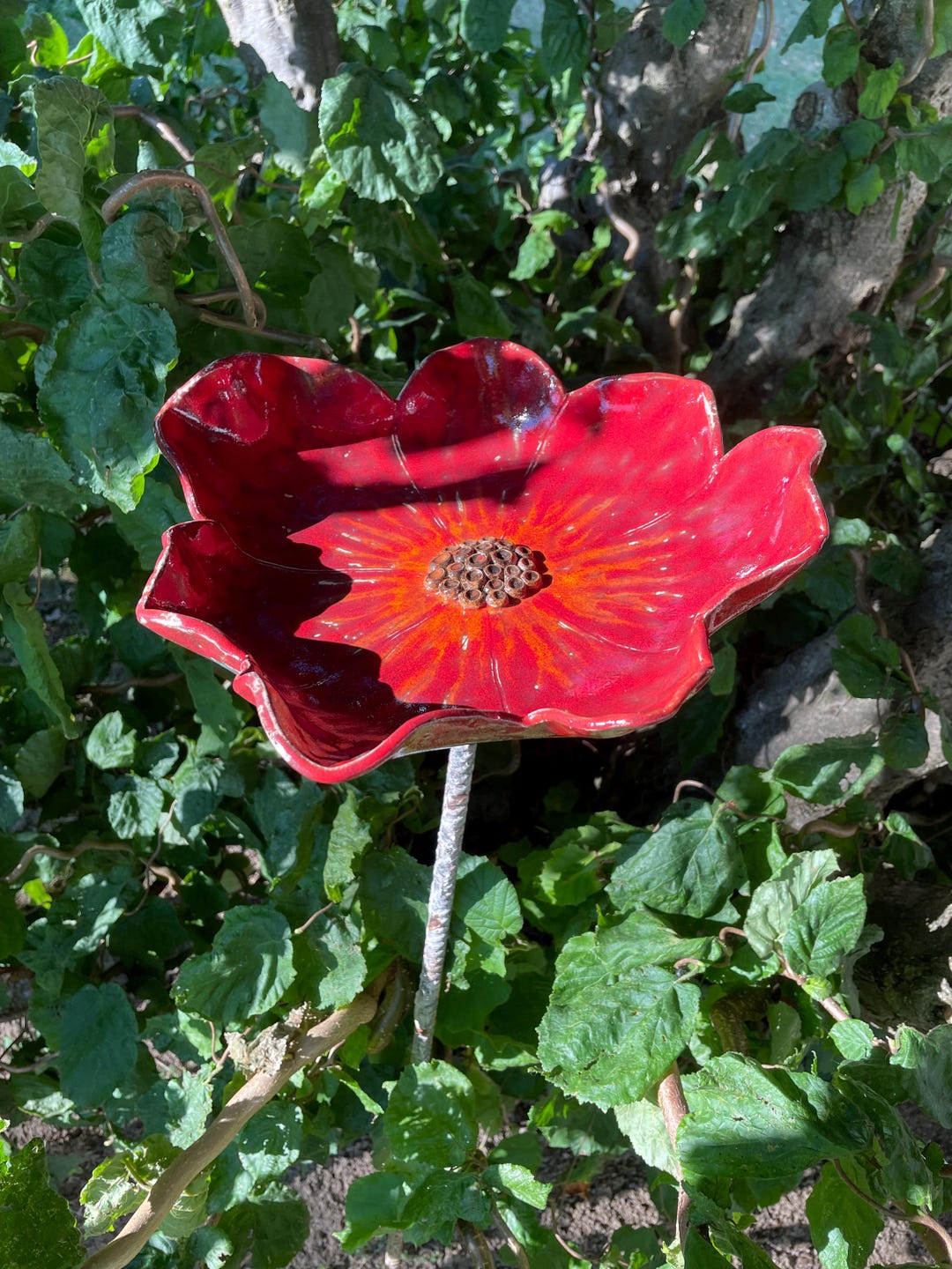 Handmade Standing Bird Bath Flower Ceramic Garden Decoration, Color Red ...