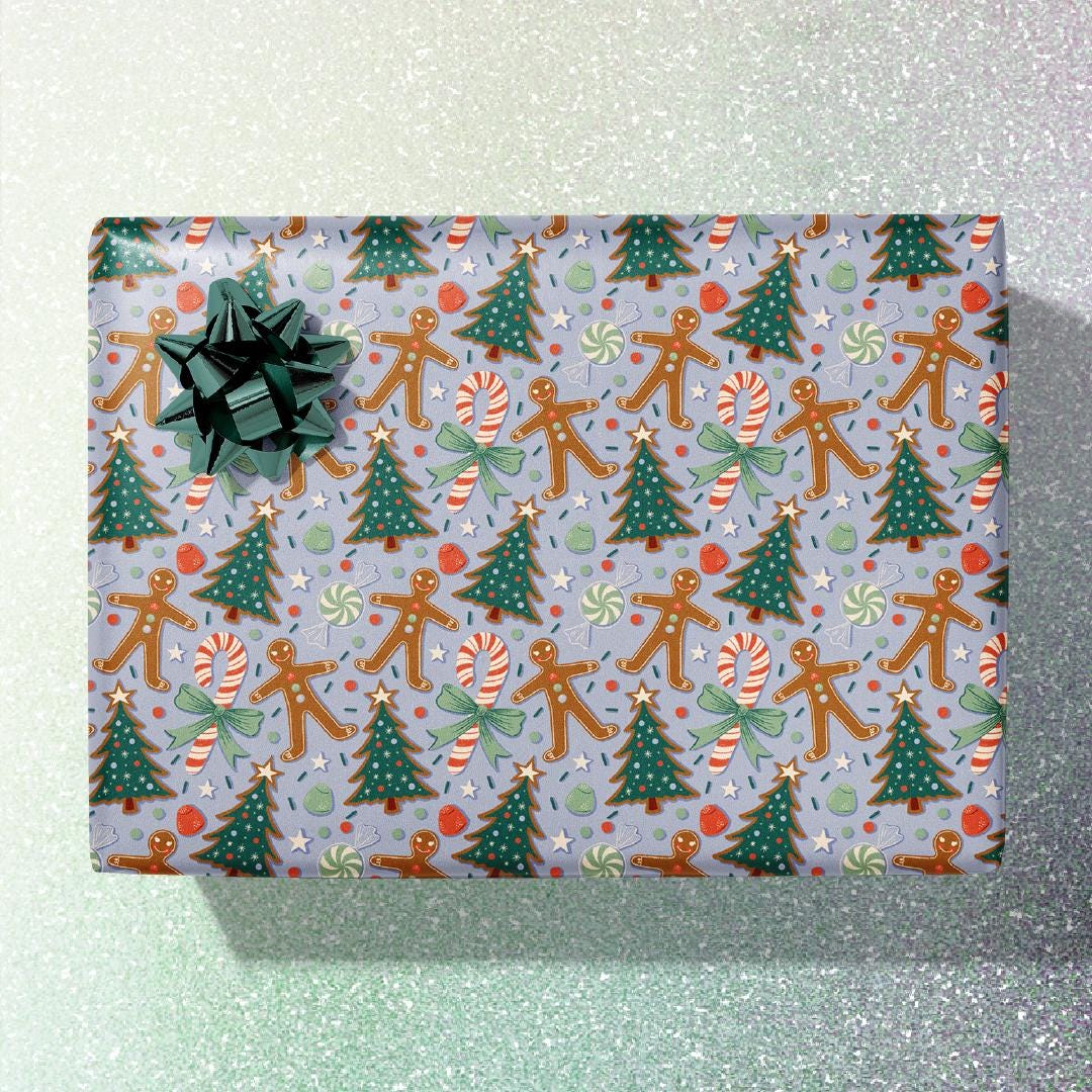 Christmas Gift Wrap Gingerbread Cookie Holiday Wrapping Paper Candy ...