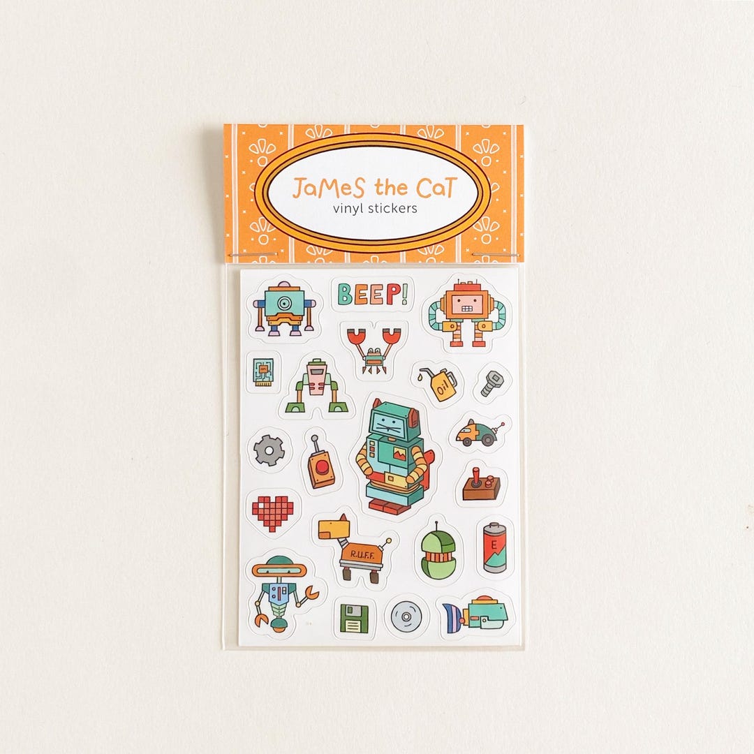 Robo-cat Sticker Pack Sheet, James the Cat Vinyl Stickers for Kitty ...