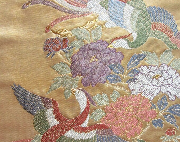 Vintage Japanese Kimono Obi Silk Piece Birds Phoenix, Peonies and Flowers on Gold - Etsy