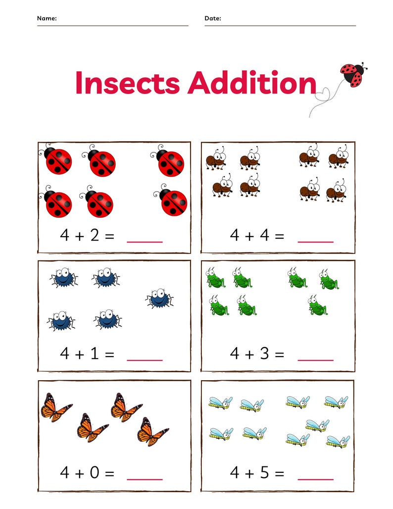 Insect Addition Pre-k, Kindergartner, 1st Grade Easy Addition Worksheet ...