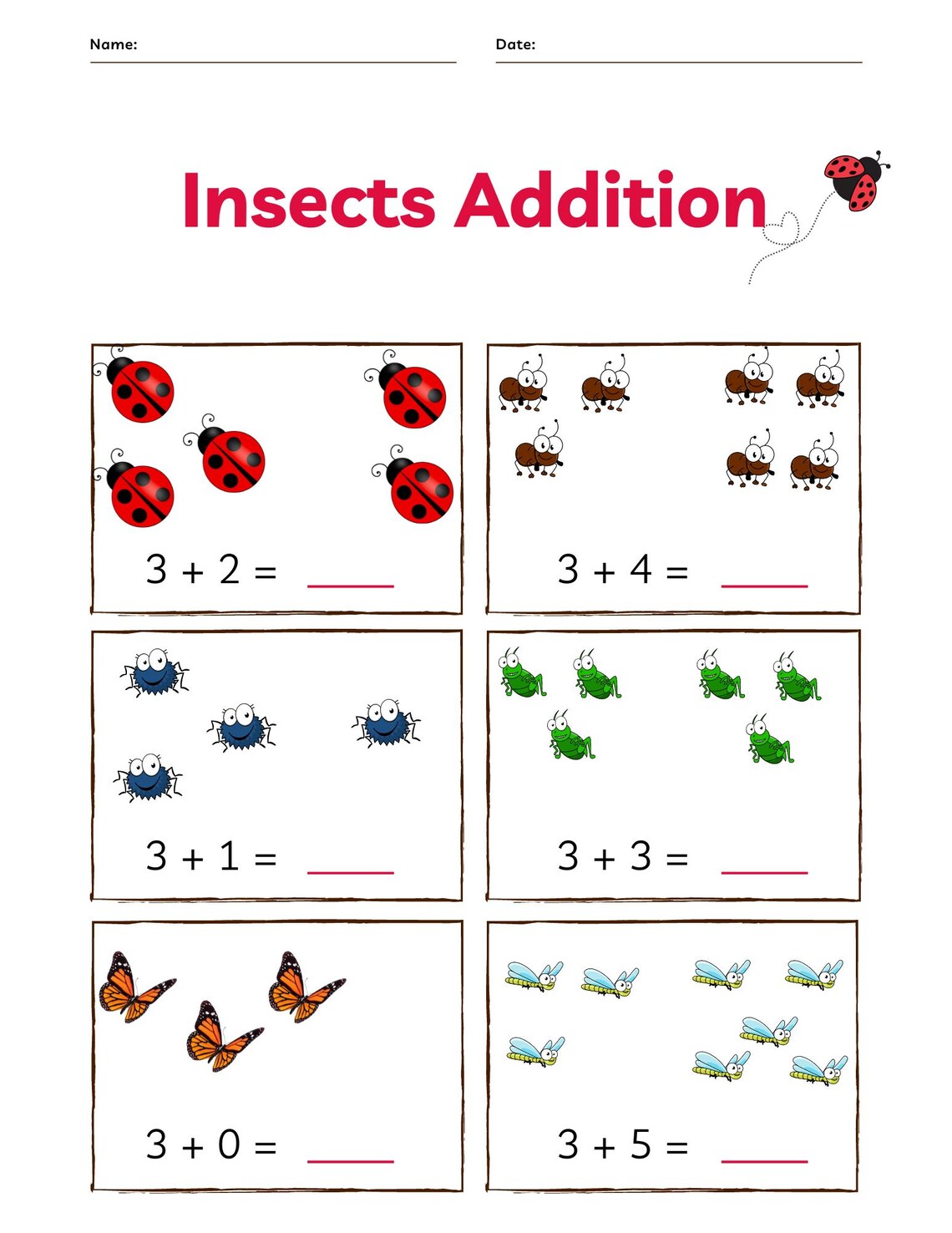 Insect Addition Pre-k, Kindergartner, 1st Grade Easy Addition Worksheet ...