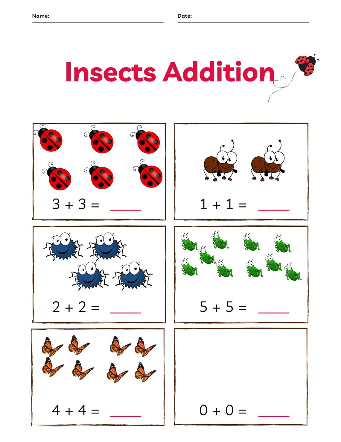 Insect Addition Pre-k, Kindergartner, 1st Grade Easy Addition Worksheet ...