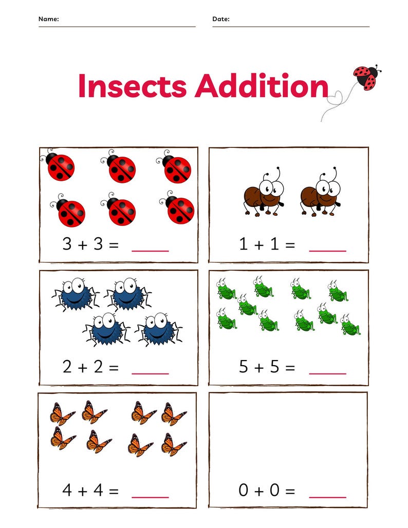 Insect Addition Pre-k, Kindergartner, 1st Grade Easy Addition Worksheet ...