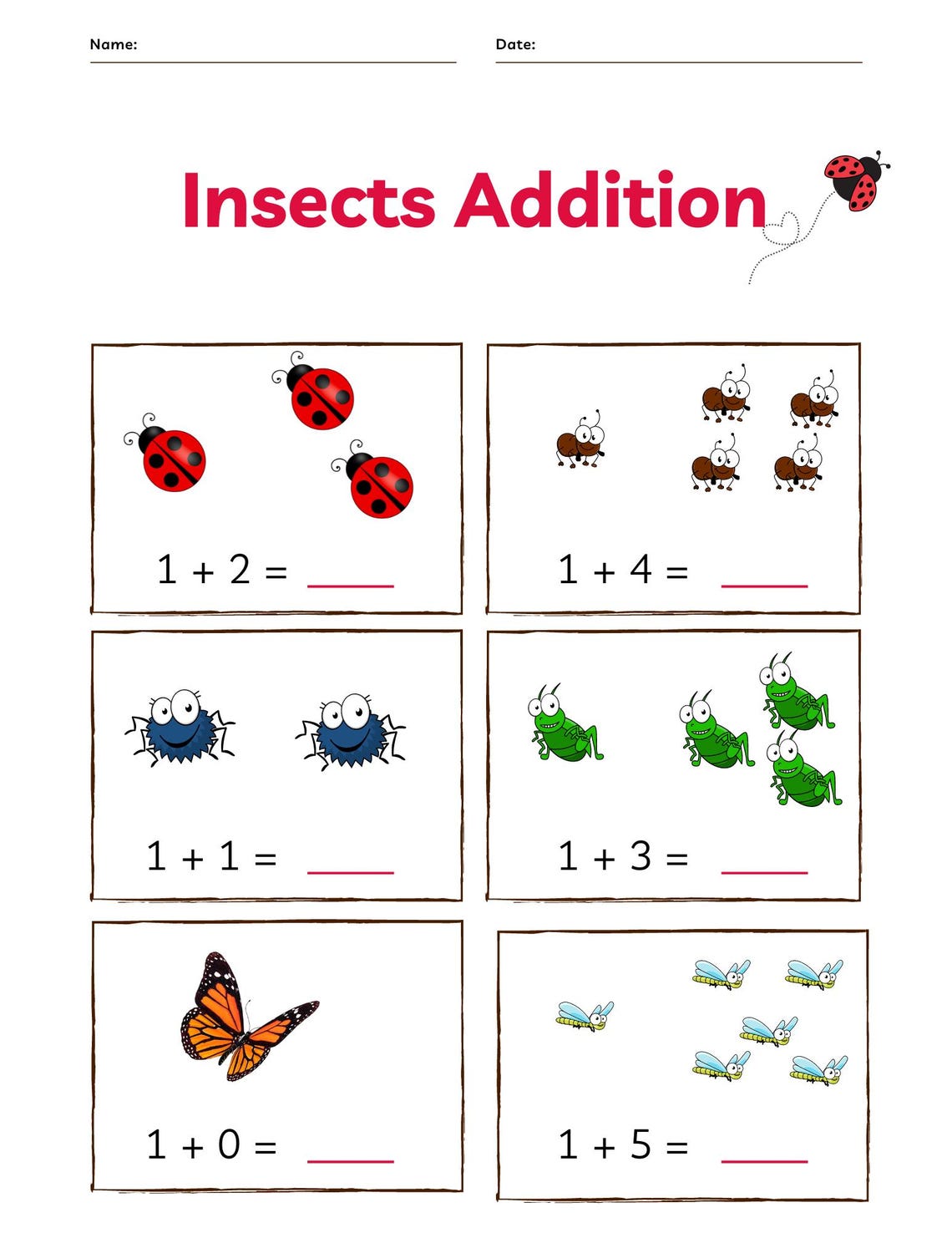 Insect Addition Pre-k, Kindergartner, 1st Grade Easy Addition Worksheet ...