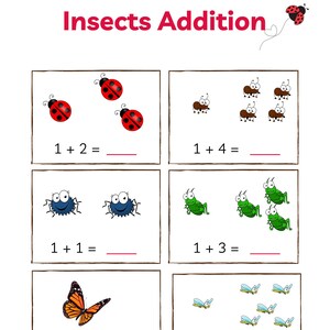 Insect Addition Pre-k, Kindergartner, 1st Grade Easy Addition Worksheet ...
