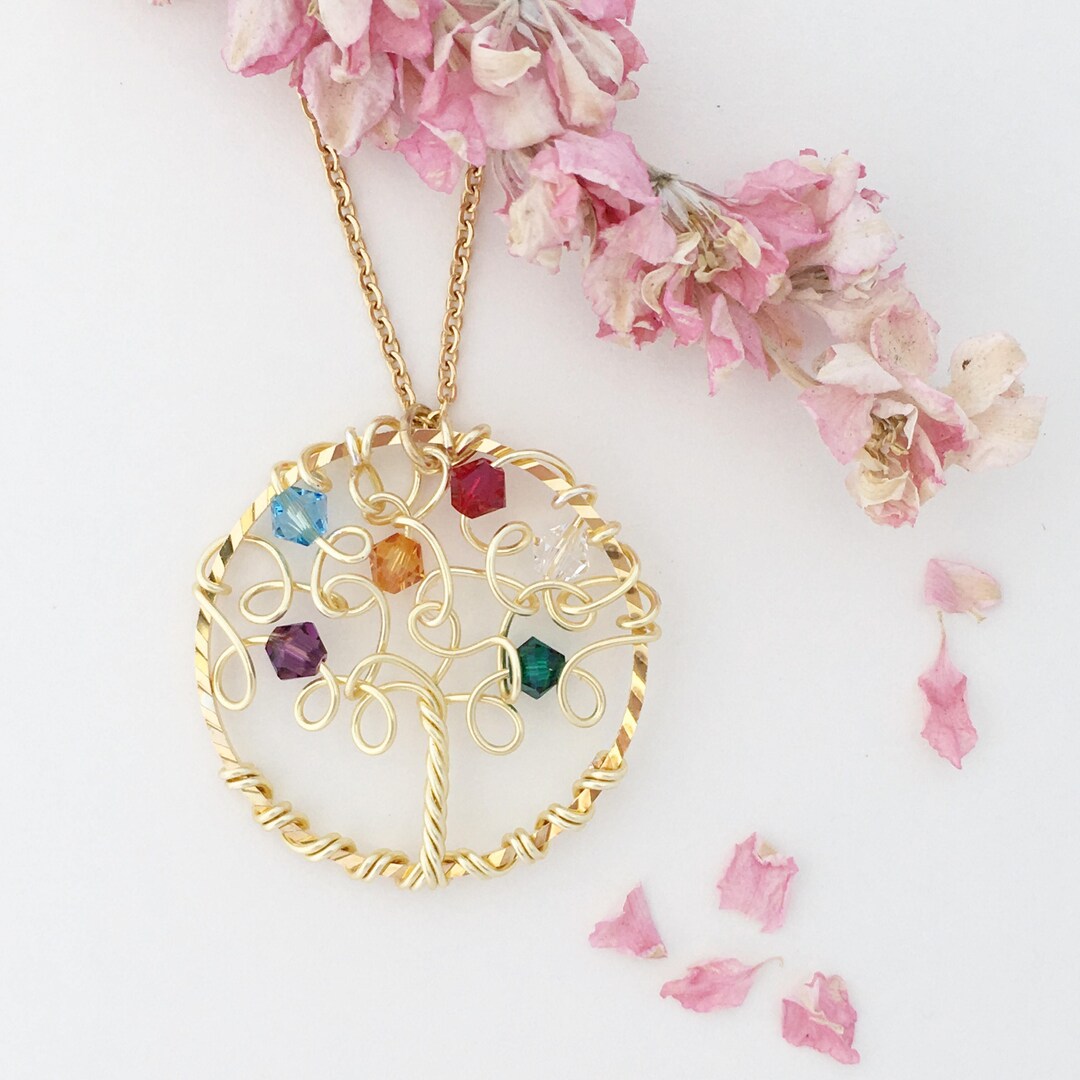 Gold Family Tree Necklace, Family Tree Jewelry, Birthstone Necklace ...