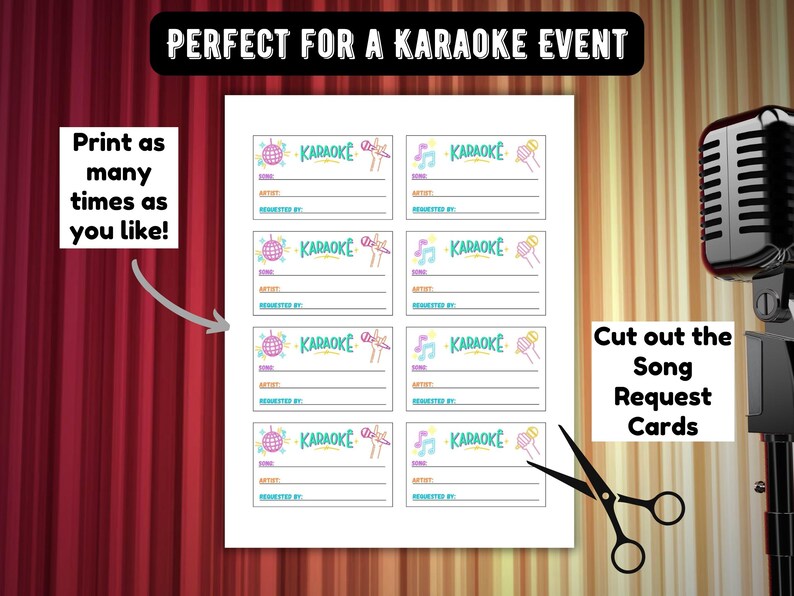 Printable Song Request Cards, Color Karaoke Slips, Karaoke Event, Print ...