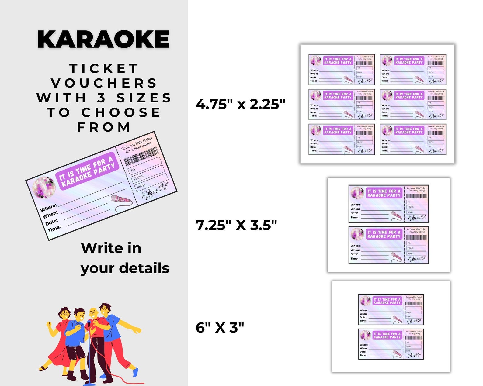 Karaoke Fill in Vouchers, Printable Party Gift Cerificate, Birthday ...