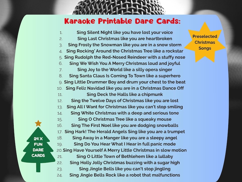 Christmas Karaoke Dare Cards, Printable Karaoke Cards, Fun Party Game ...