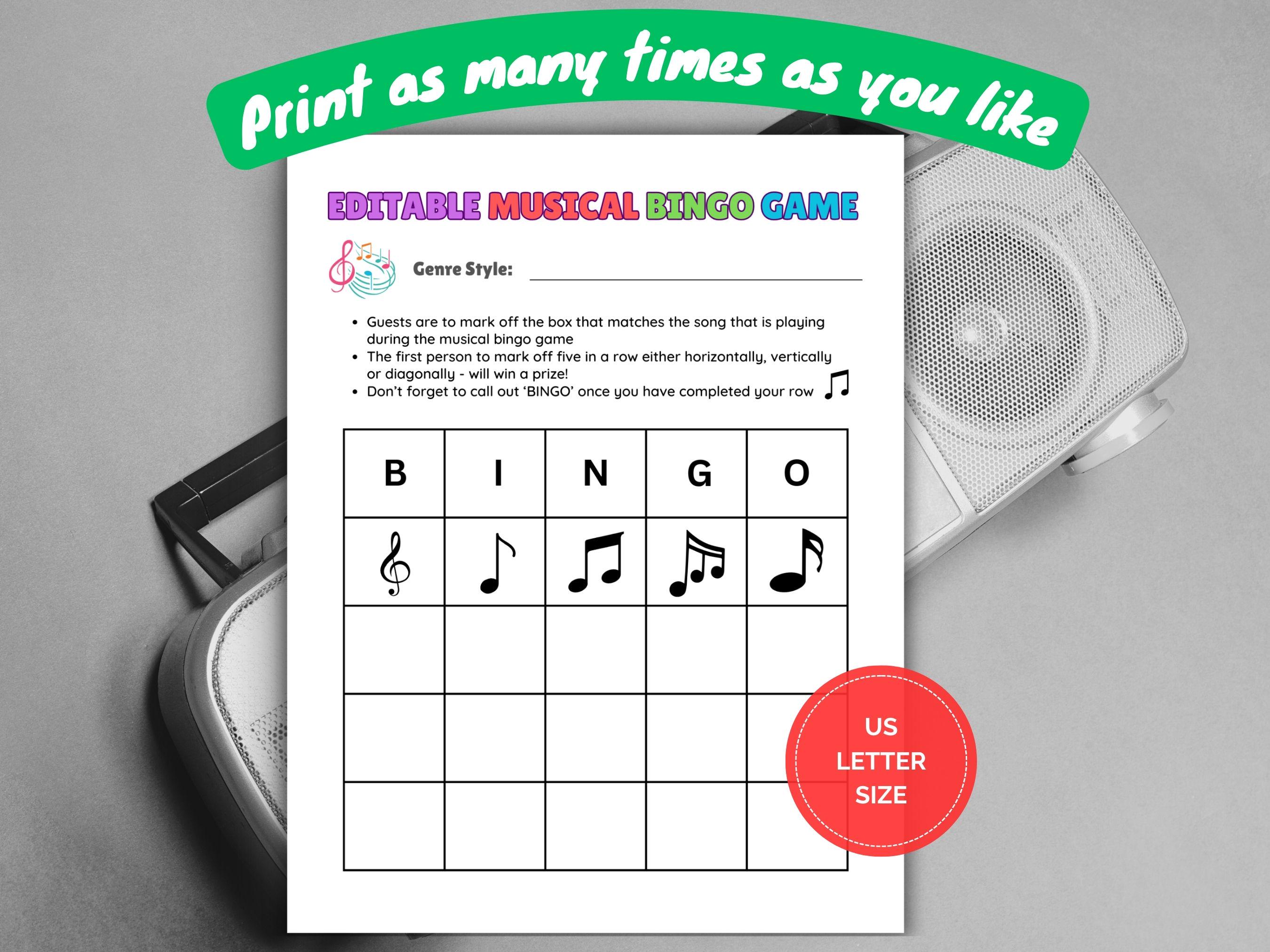 Juego de bingo musical personalizable, plantilla de bingo musical ...