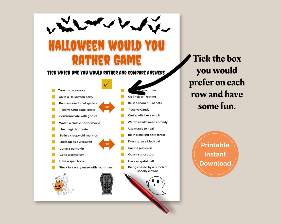 Spooky Halloween Fun Printable Would You Rather Game Halloween Party ...