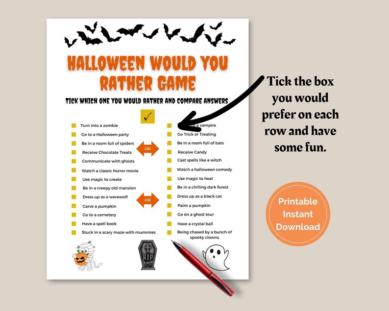 Spooky Halloween Fun Printable Would You Rather Game Halloween Party ...