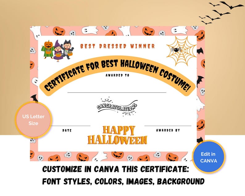 Editable Canva Halloween Certificate | Printable Best Dressed ...