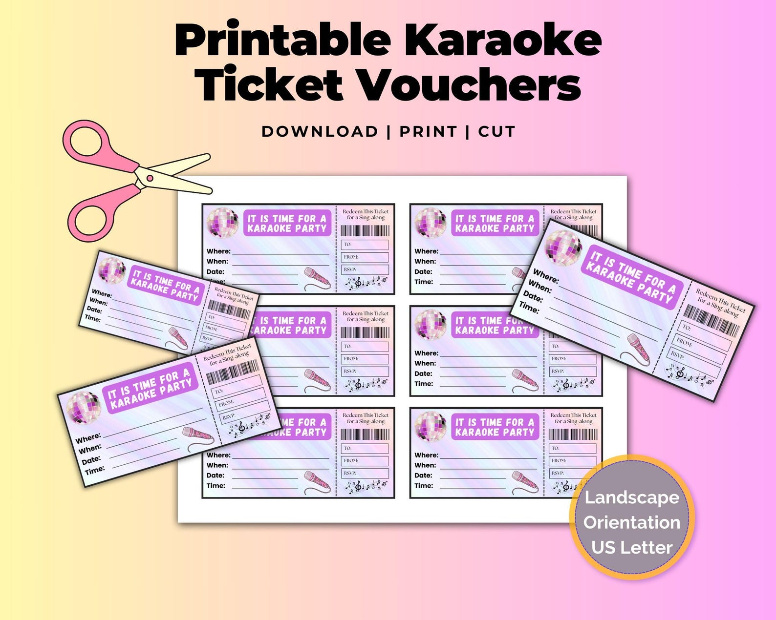 Karaoke Fill in Vouchers, Printable Party Gift Cerificate, Birthday ...