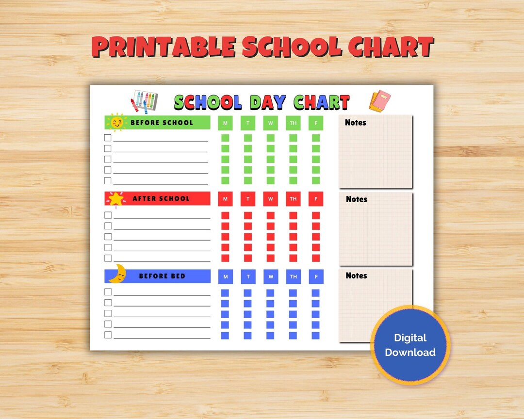Printable School Day Chart, Children Learning Routines, Morning and ...