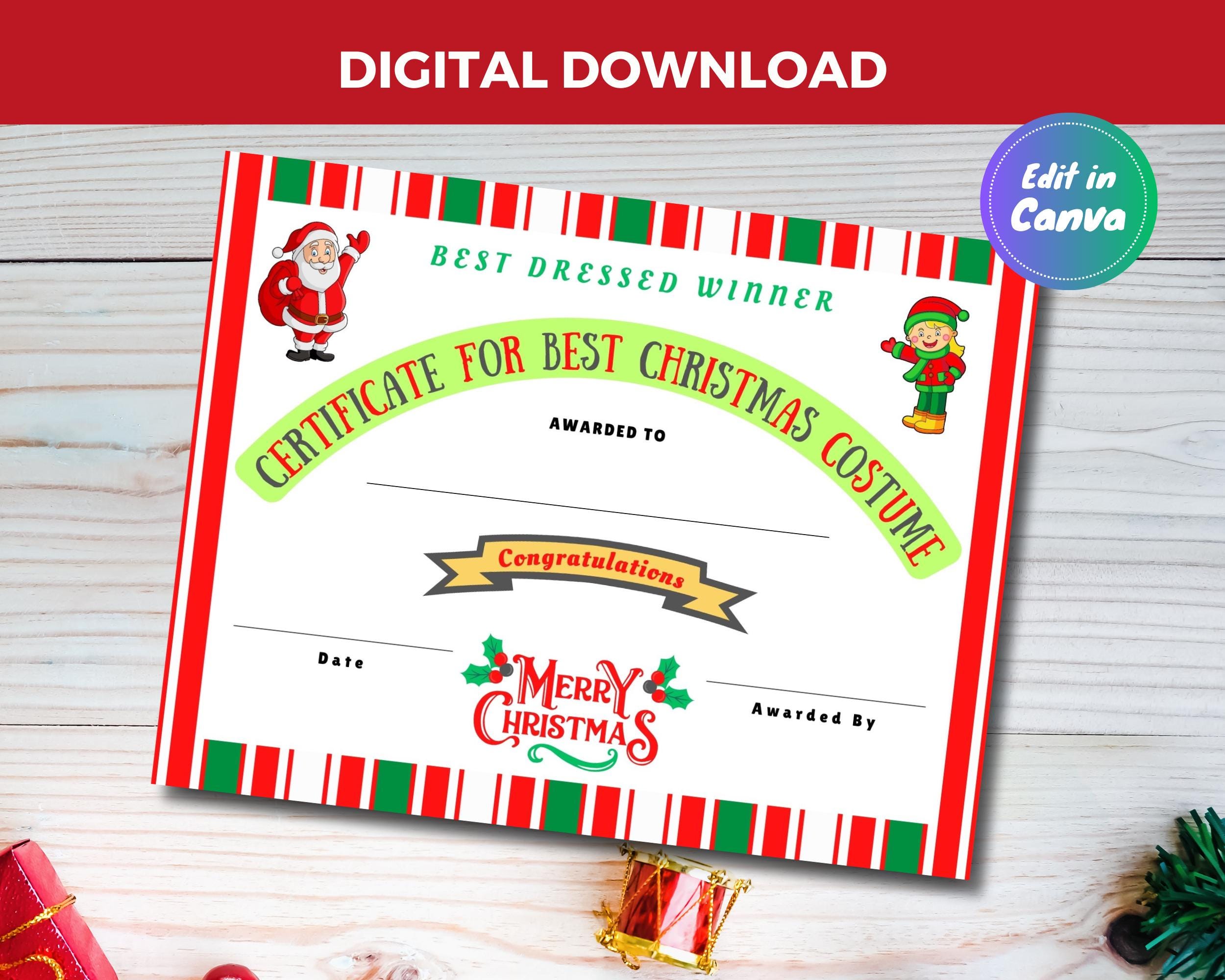 Editable Canva Christmas Certificate, Printable Best Dressed ...