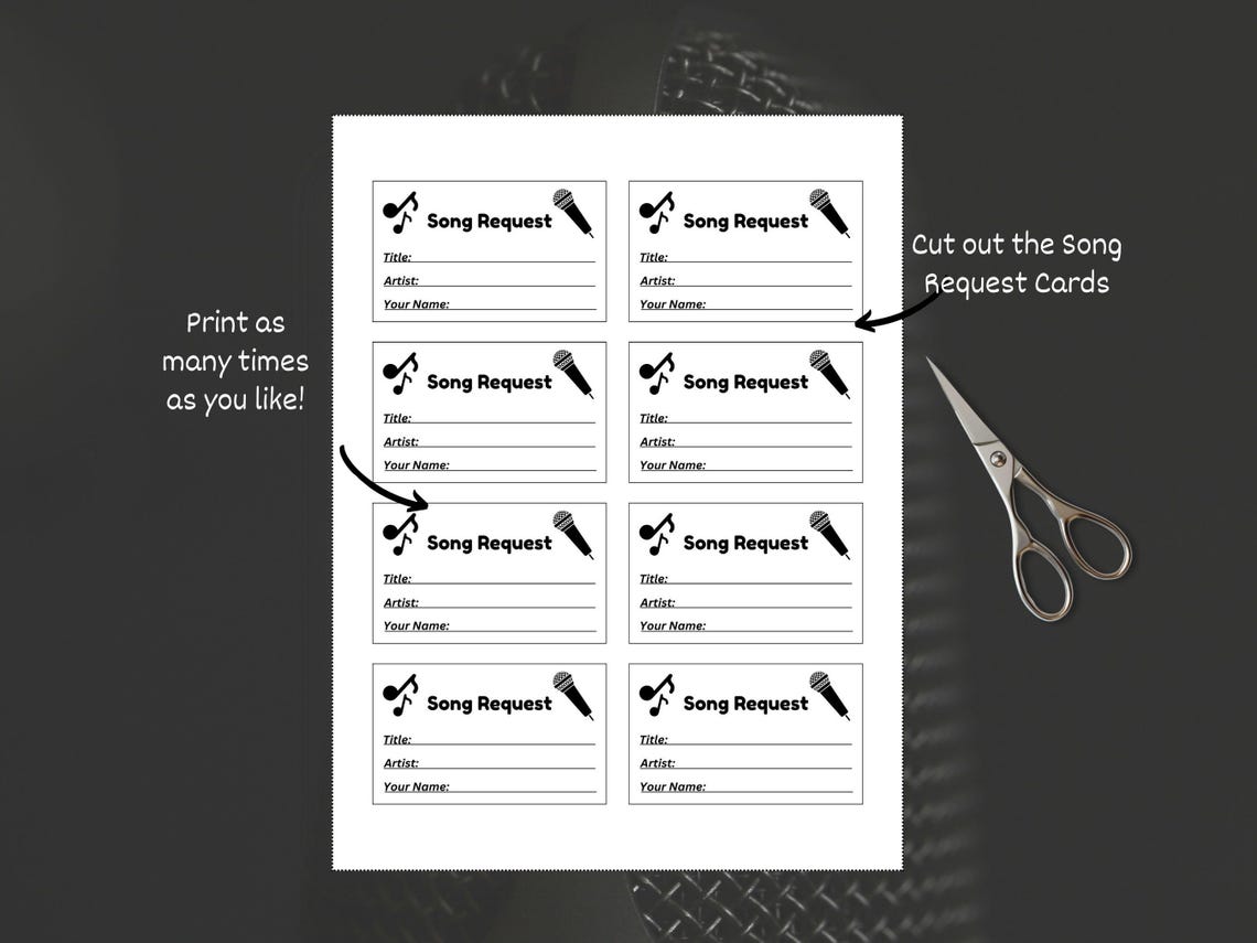 Song Request Cards for Karaoke Events, Printable Karaoke Slips, Print ...