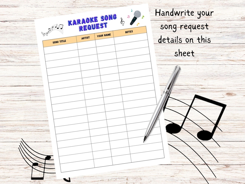 Karaoke Party Song Request Printable, Karaoke List, Organize Guest ...