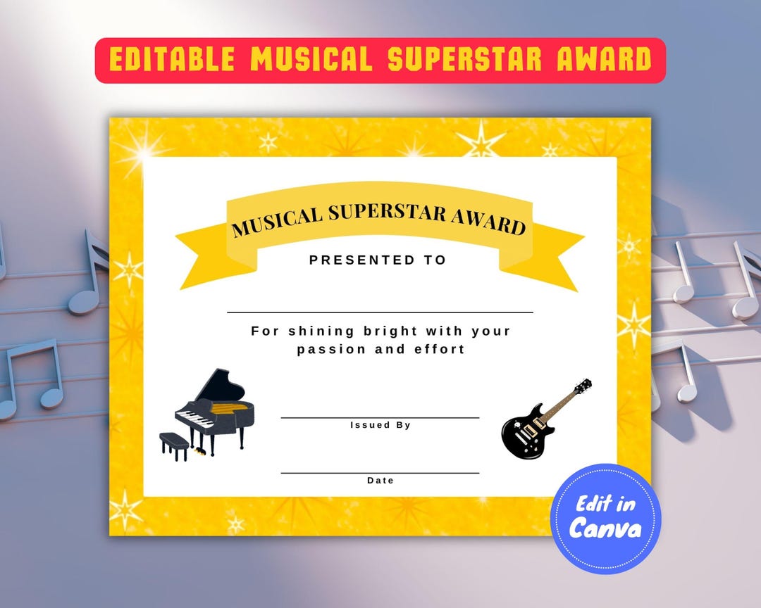 Editable Musical Superstar Award, Printable Customizable Certificate ...