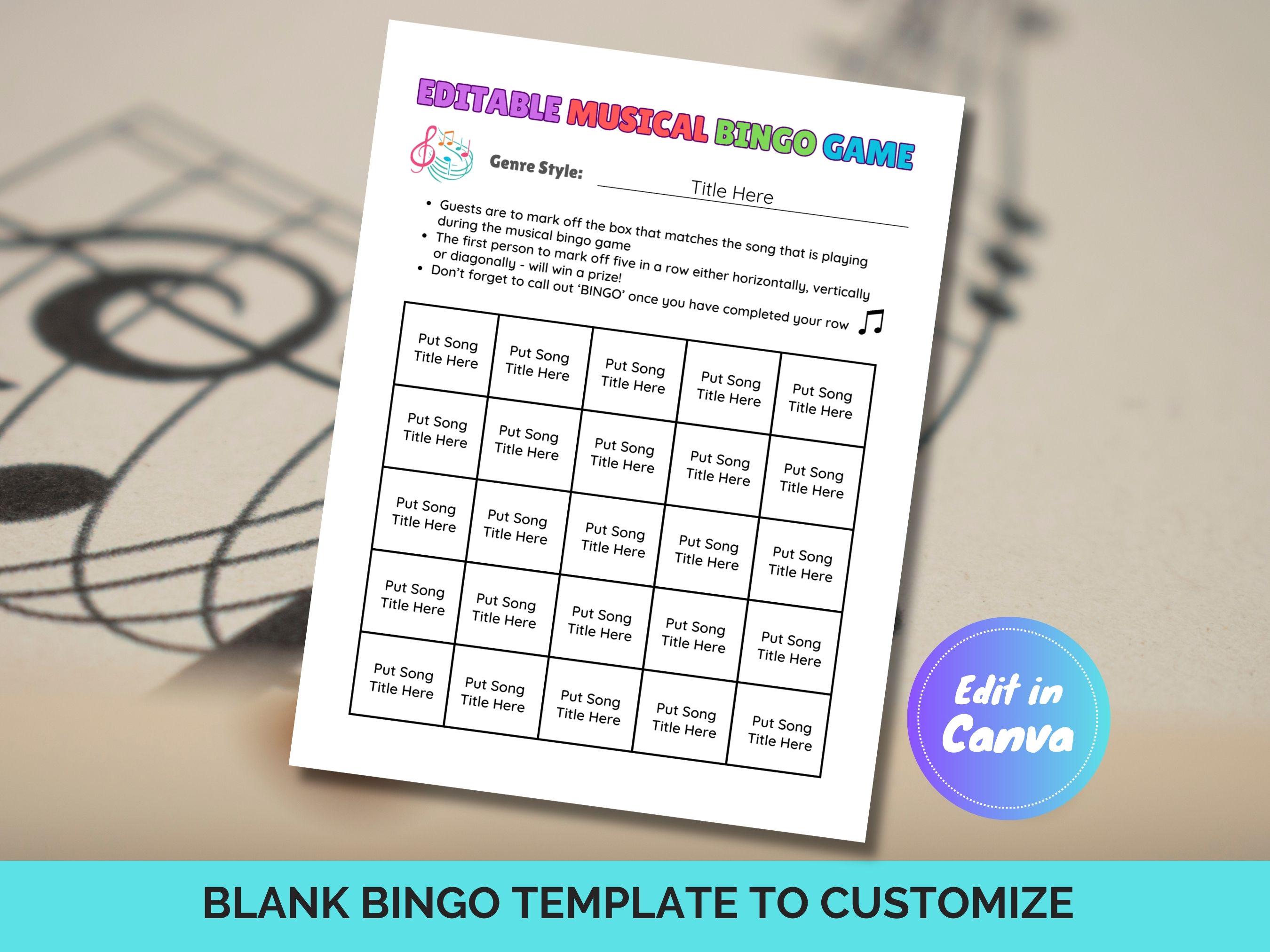 Juego de bingo musical personalizable, plantilla de bingo musical ...
