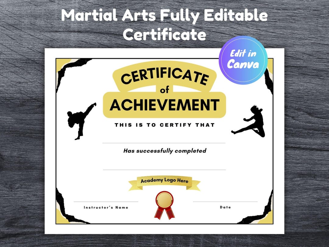Editable Martial Arts Certificate, Printable Certificate of Achievement ...