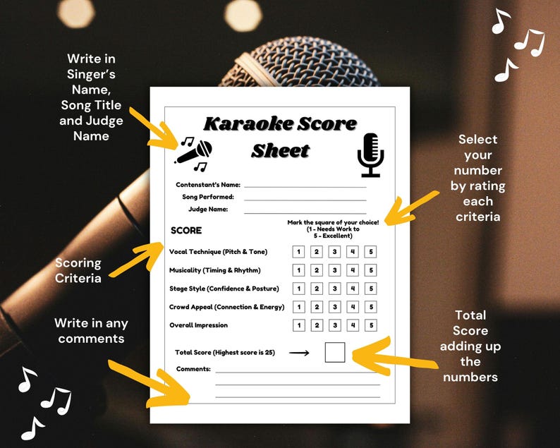 Karaoke Contest Score Sheet, Printable Singing Contest List, Best ...