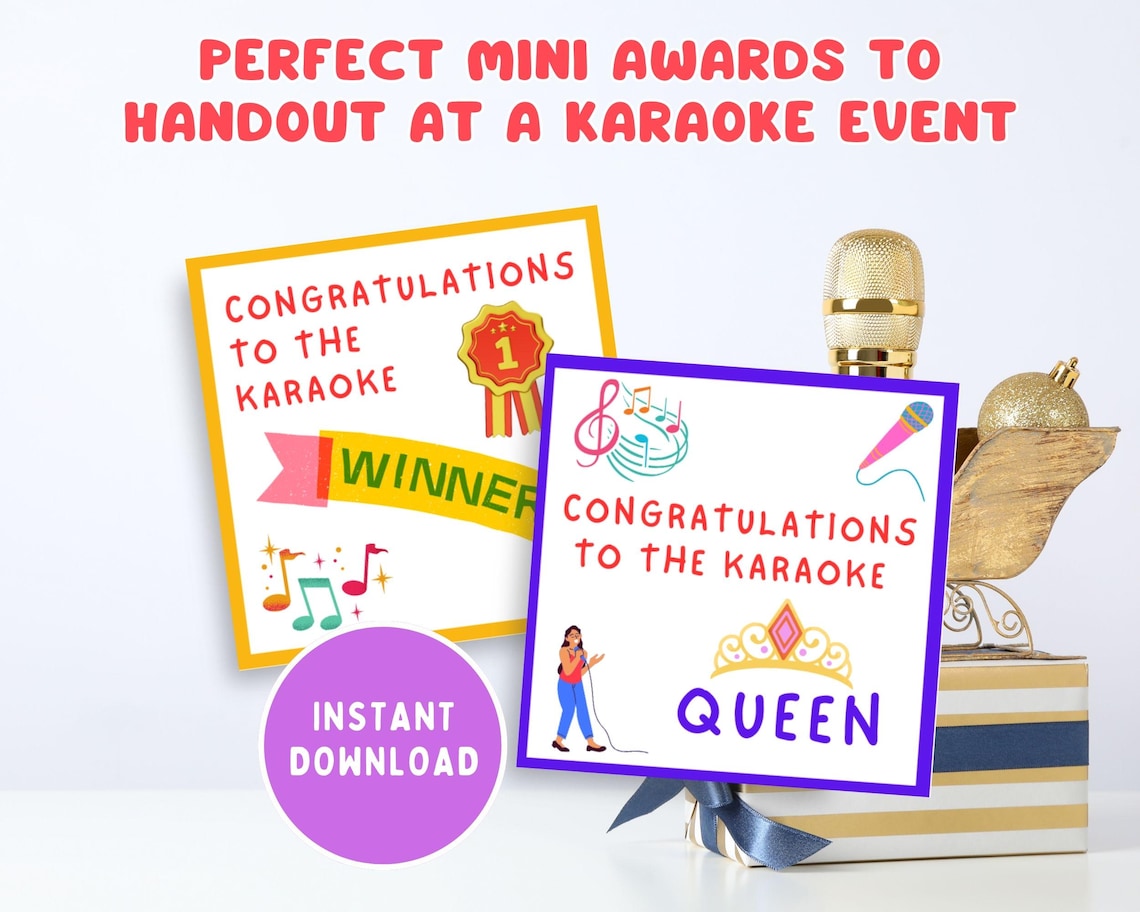 Karaoke Printable Awards, Karaoke Lover, Karaoke Mini Cards, Karaoke ...