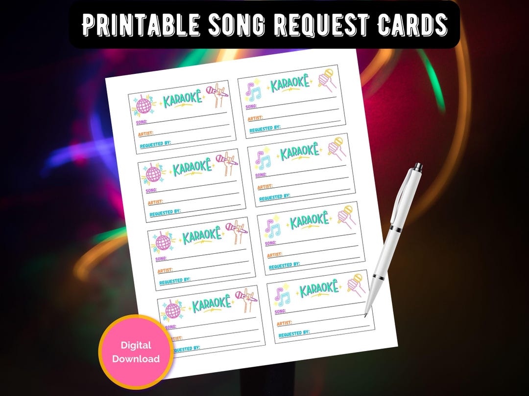 Printable Song Request Cards, Color Karaoke Slips, Karaoke Event, Print ...