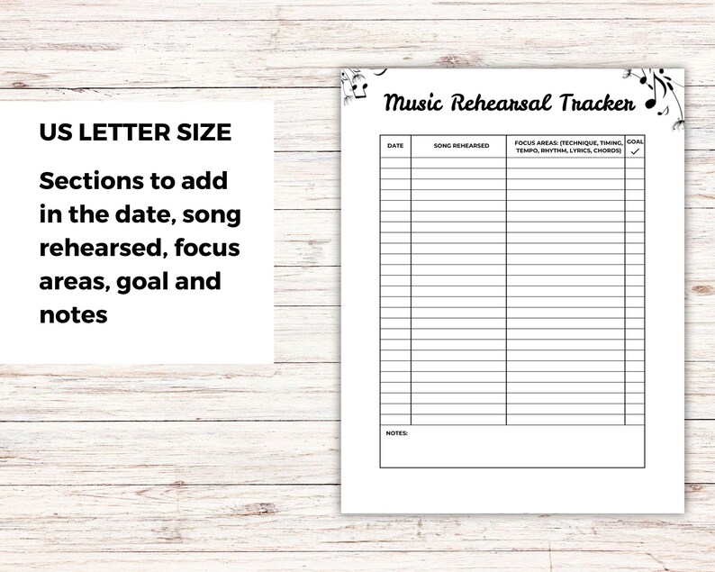 Music Rehearsal Tracker, Printable Progress Sheet, Music Practice Log ...