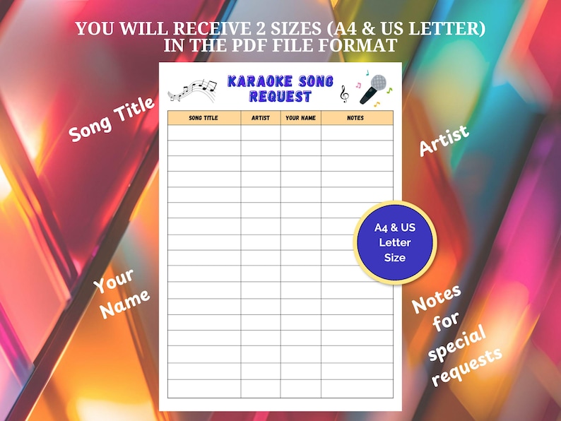 Karaoke Party Song Request Printable, Karaoke List, Organize Guest ...