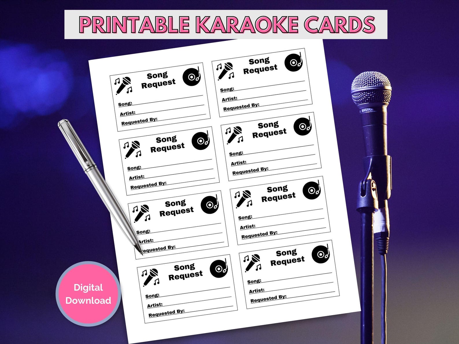 Printable Song Request Cards for Karaoke Events, Karaoke Slips, Print ...