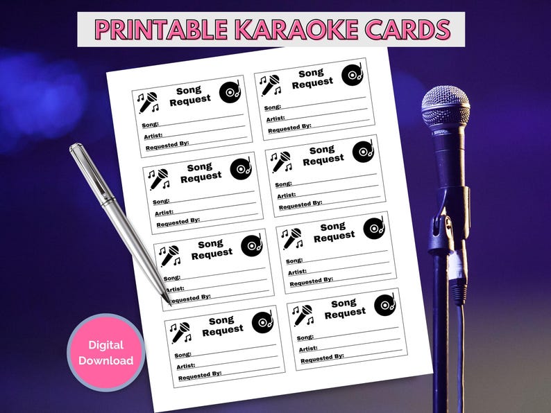 Printable Song Request Cards for Karaoke Events, Karaoke Slips, Print ...