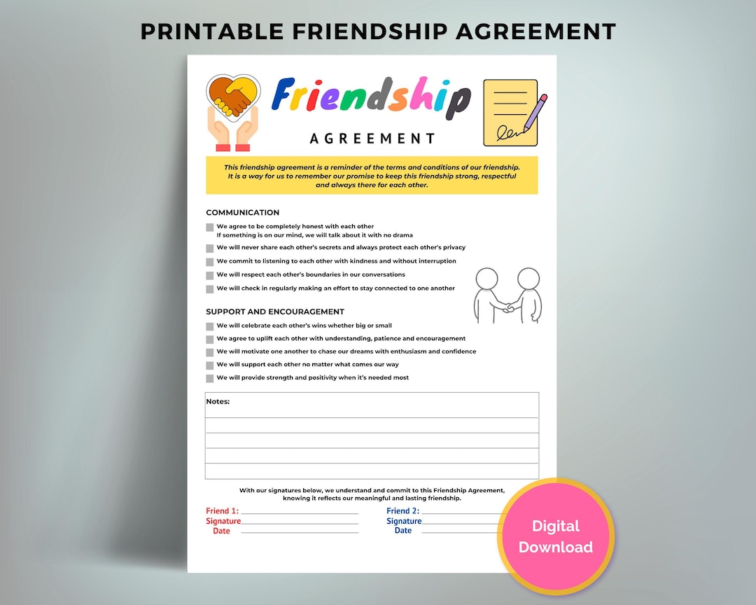 Friendship Agreement Printable Contract, Celebrate Your Friendship, BFF ...