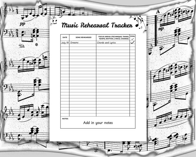 Music Rehearsal Tracker, Printable Progress Sheet, Music Practice Log ...