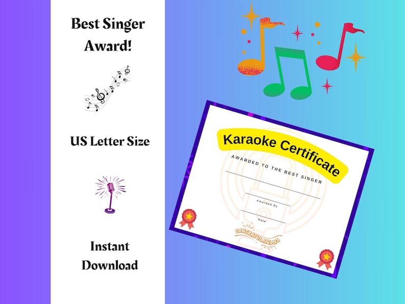 Karaoke Winners Certificate | Printable Singing Award | Best Singing ...