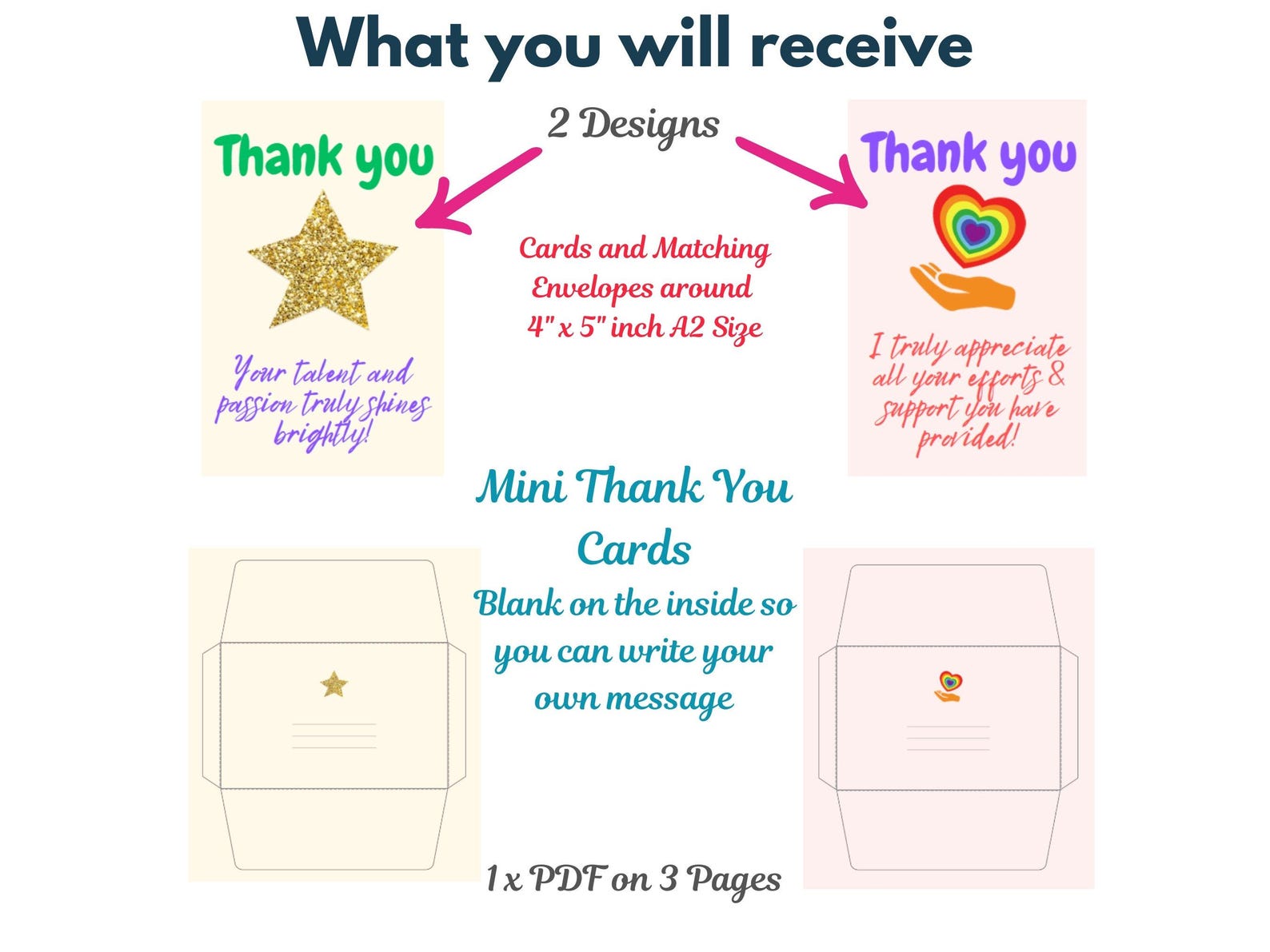 Thank You Cards Printable Card and Envelope Set Appreciation Mini Cards ...
