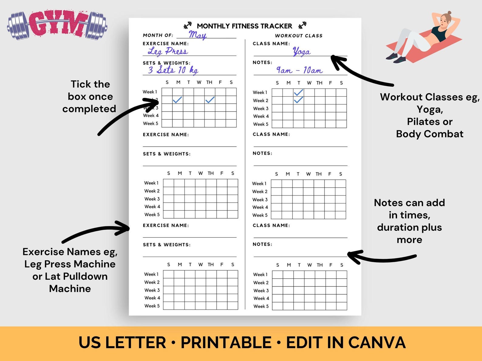 Editable Fitness Tracker, Personalized Fitness Planner, Monthly Tracker ...
