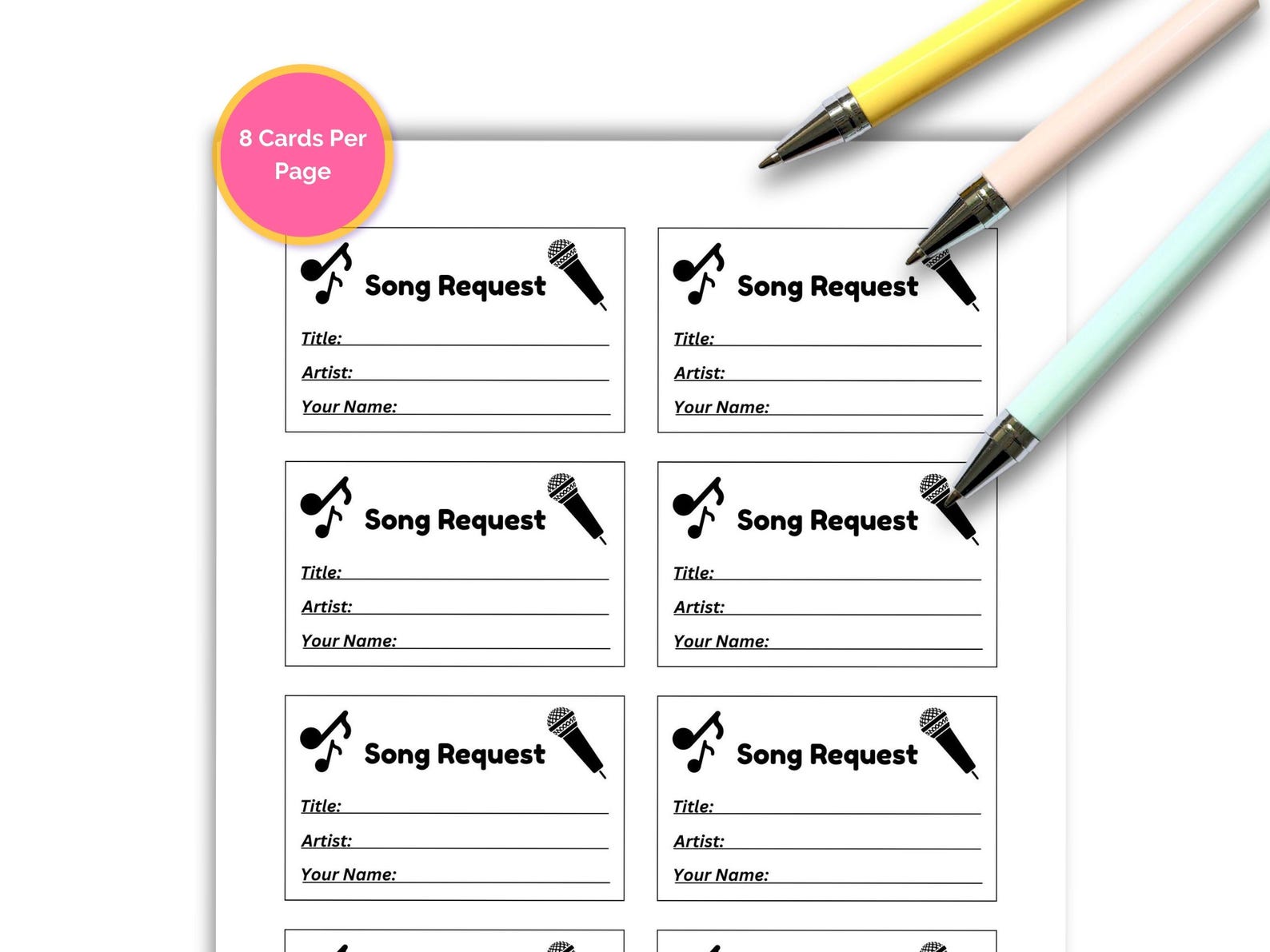 Song Request Cards for Karaoke Events, Printable Karaoke Slips, Print ...