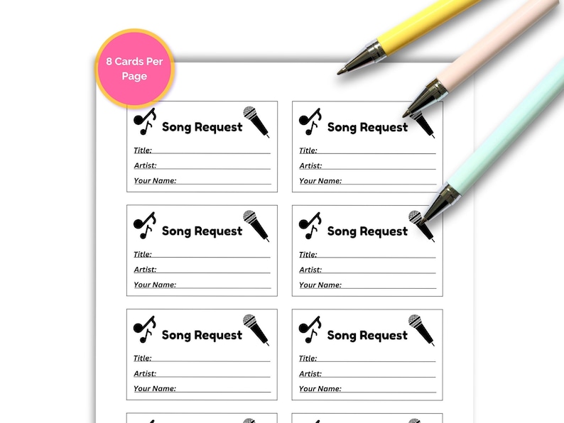Song Request Cards for Karaoke Events, Printable Karaoke Slips, Print ...