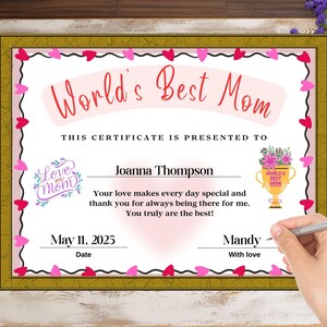 Best Mom Certificate, Printable World’s Best Mom, Mother’s Day ...