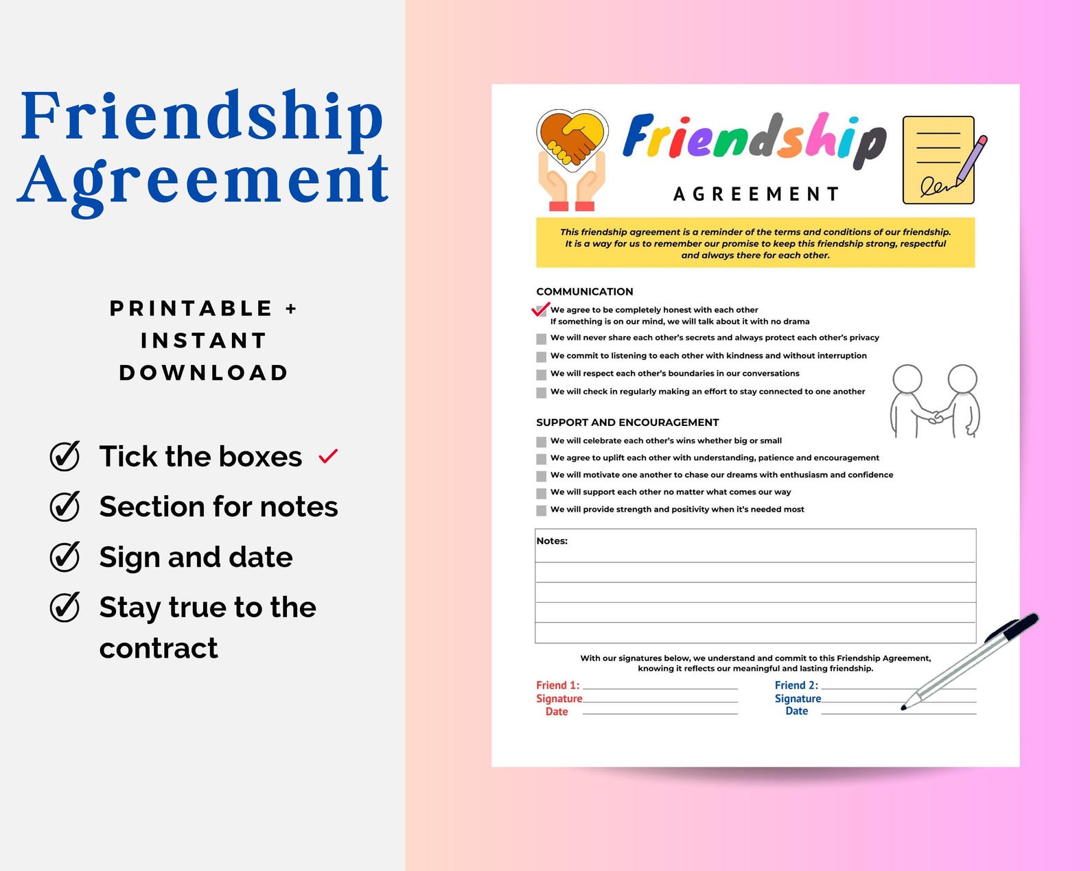 Friendship Agreement Printable Contract, Celebrate Your Friendship, BFF ...