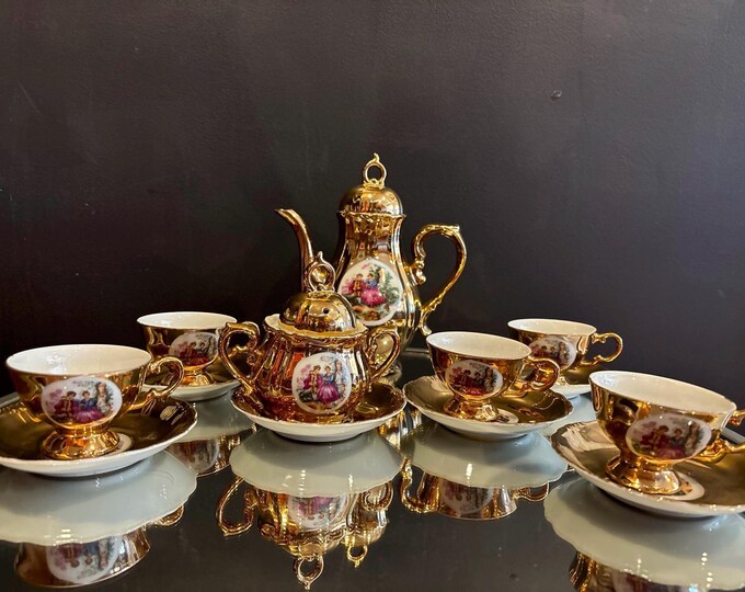 Vintage Old Vienna Gold Lustre Coffee Pot and Bowl 5 Cups Saucers MINT ...